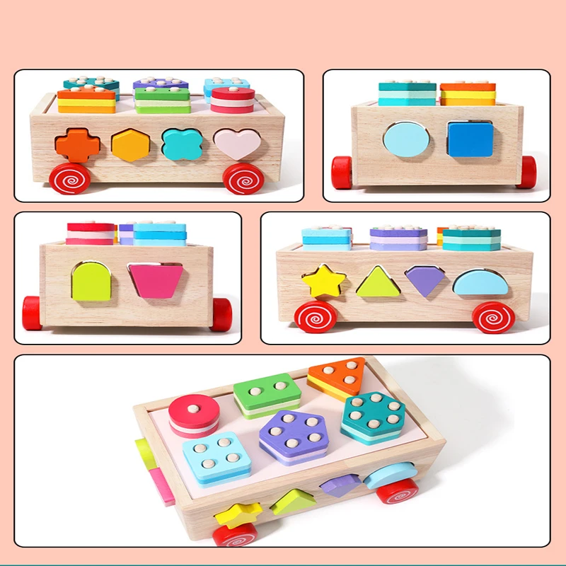 Montessori Shape Sorter Toys Wooden Pull Along Car Shape Matching ...
