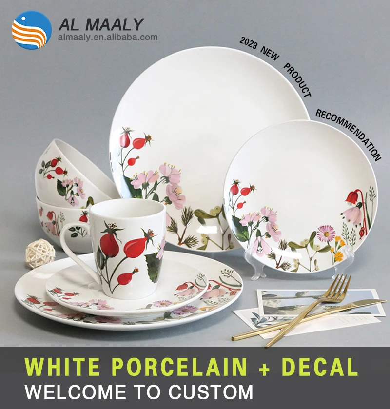Custom White Glazed Decal Porcelain Dinnerware Round 16 Pcs Ceramic ...