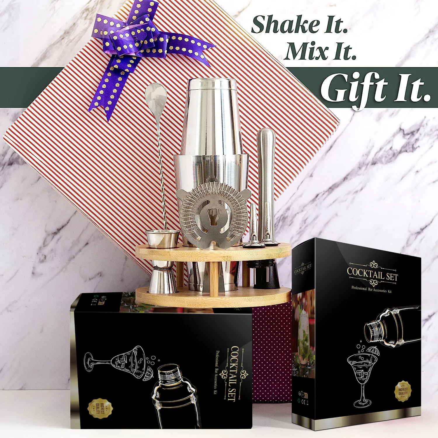 Complete Cocktail Mixer Set with Bamboo Rack Boston Shaker Mojito ...