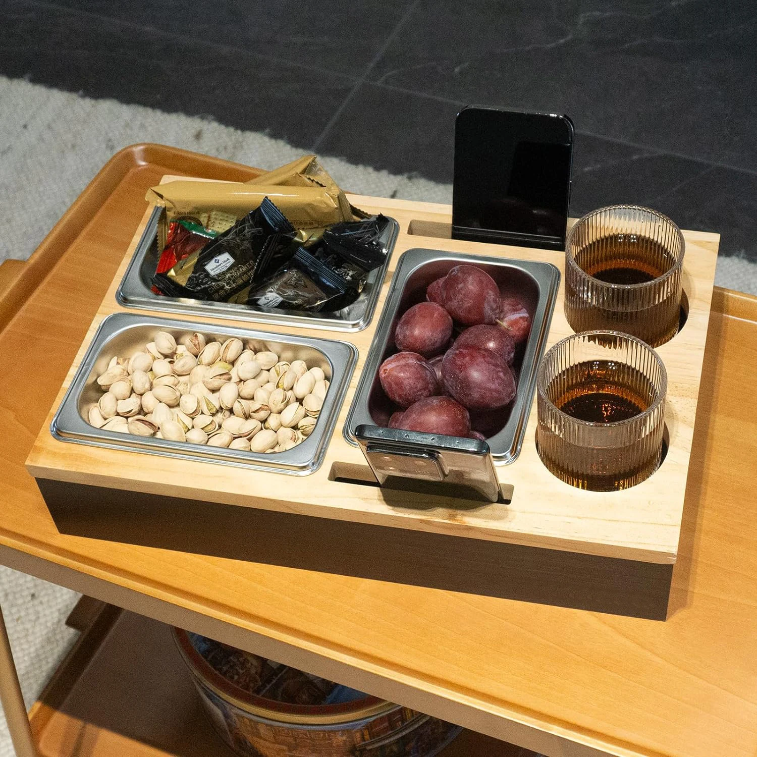 Wood Sofa Organizer Couch Bar Snack Storage Box Caddy Tray With 2 Drink ...