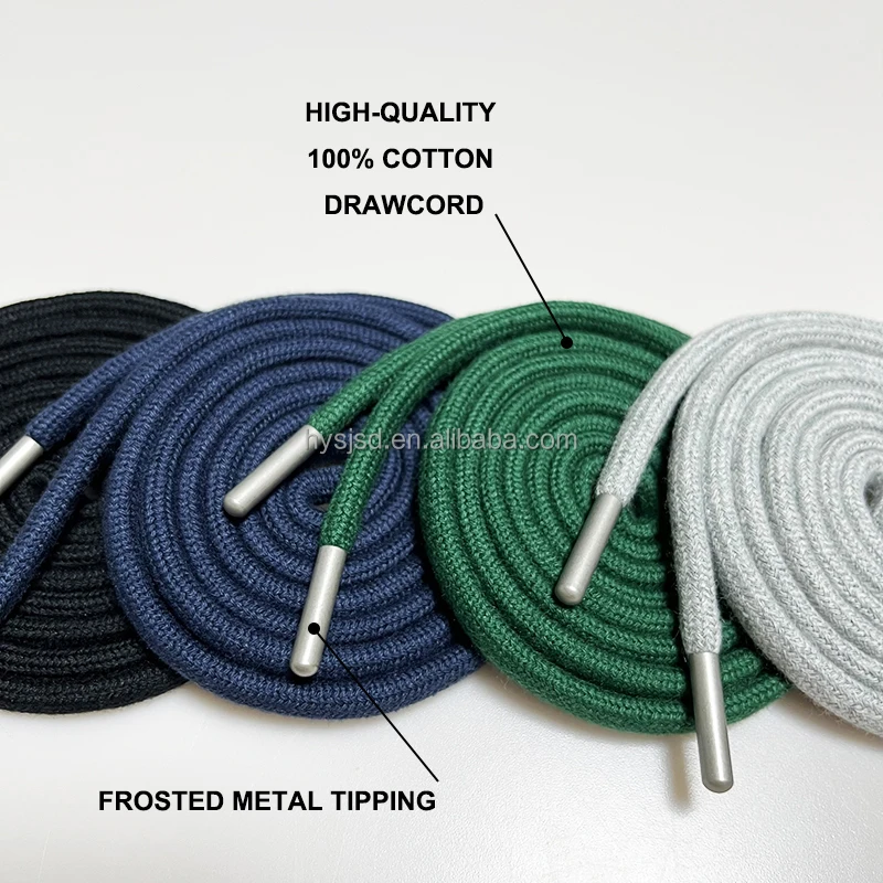 5mm Thick Round 100% Cotton Drawcord with Metal Tips for Hoodies