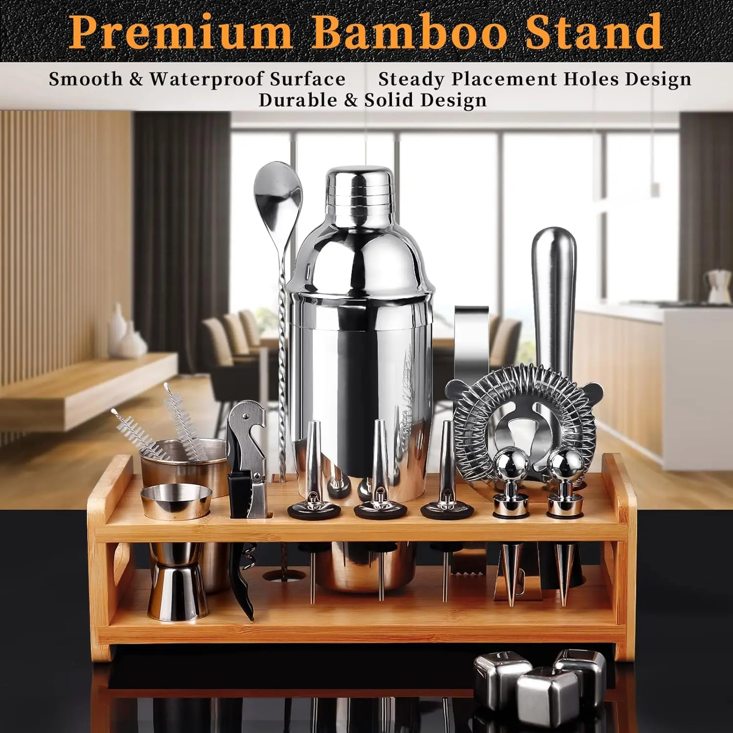 26 Pack Bartender Set Cocktail Shaker Set with Bamboo Rack Bar Tools ...