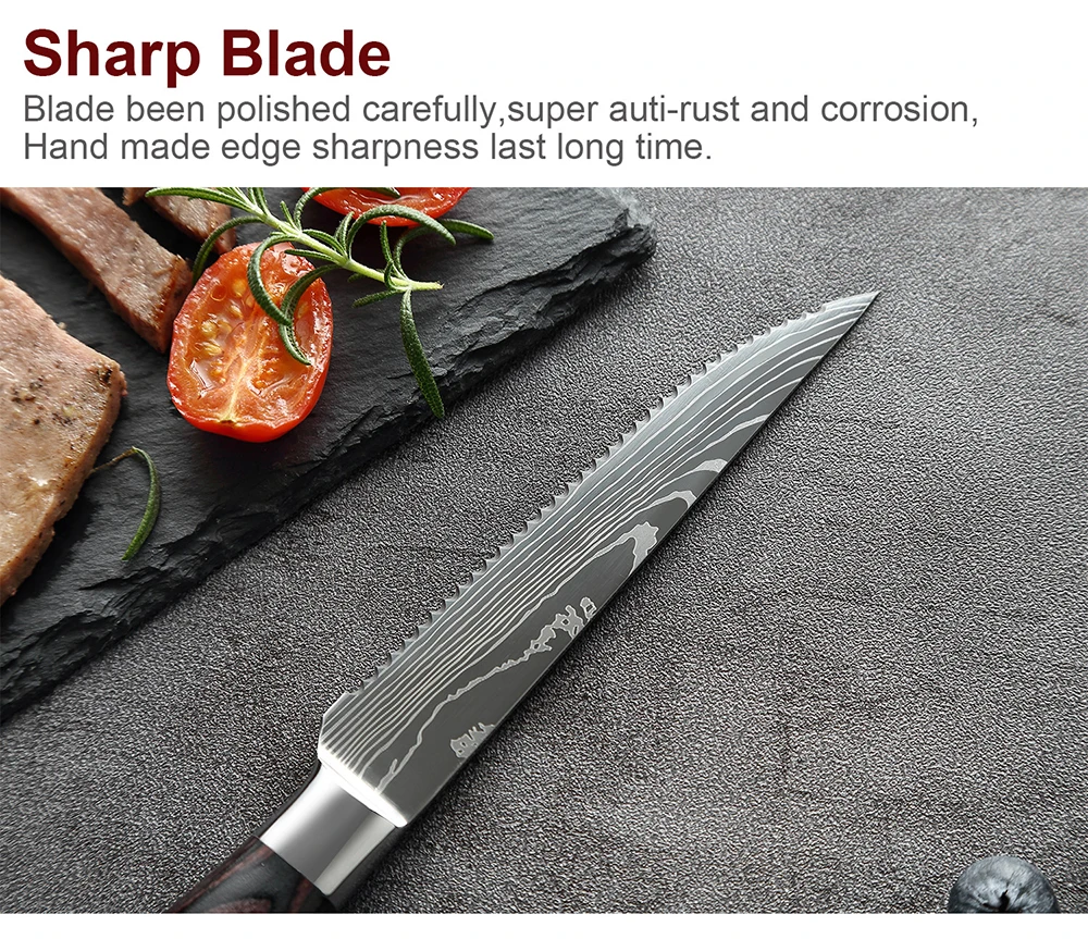 High Quality Steak Knife Damascus Pattern Stainless Steel Serrated Meat ...