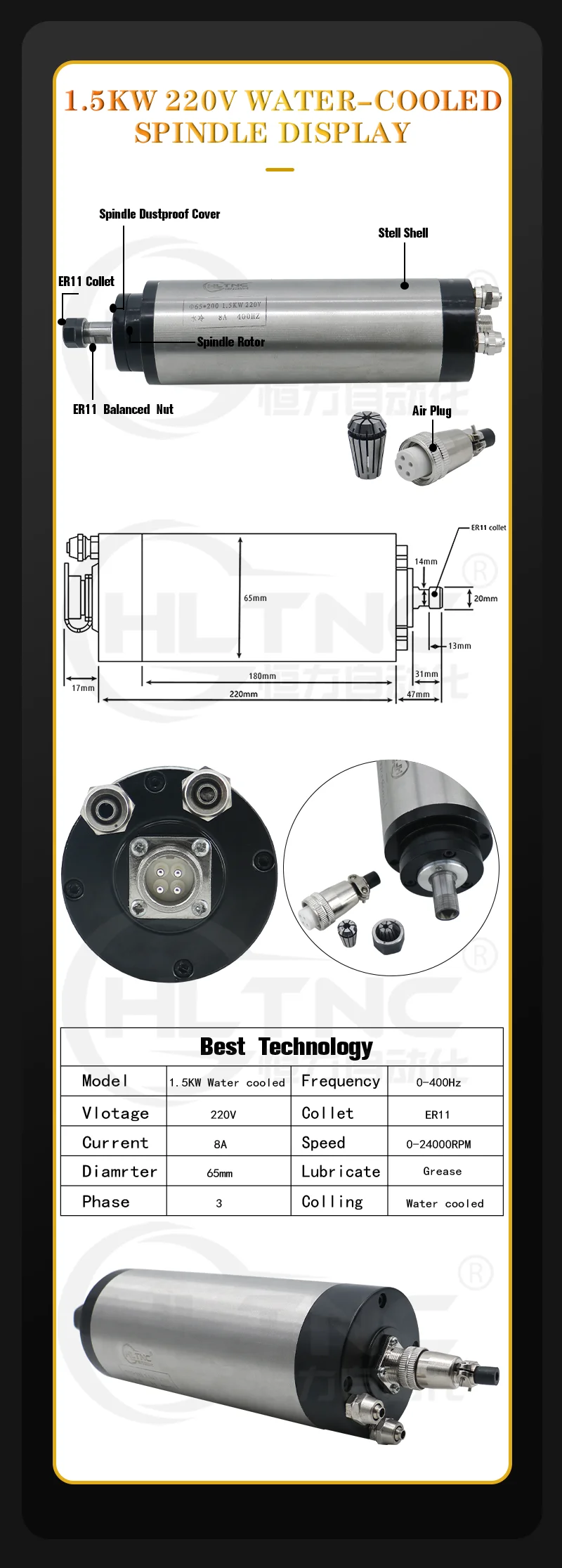 Circular 24000rpm Water Cooling 220v 65mm Spindle 1.5kw Cnc Lathe Spindle Machine Tool Spindle ...