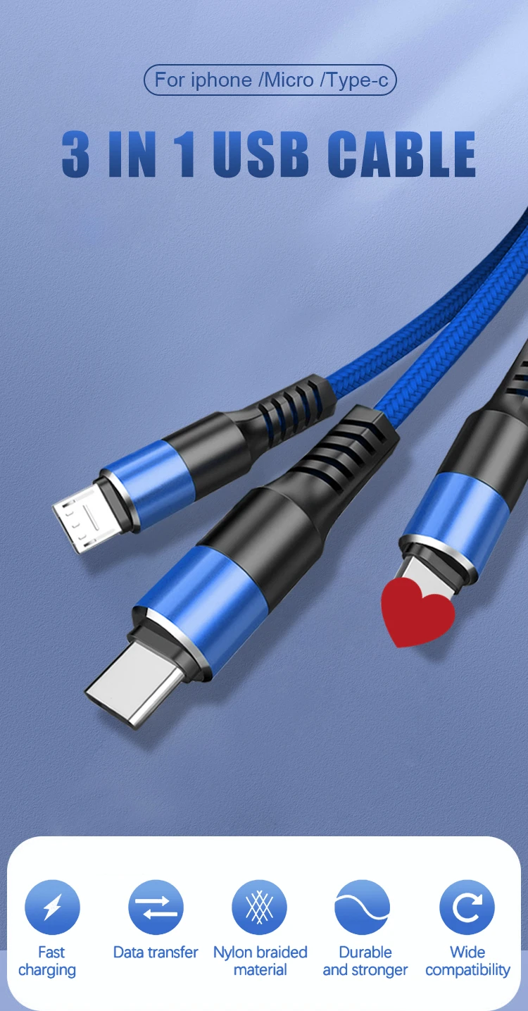 10ft 3 In 1 Usb Charging Cable Multi Phone Charger Cord For Multiple ...