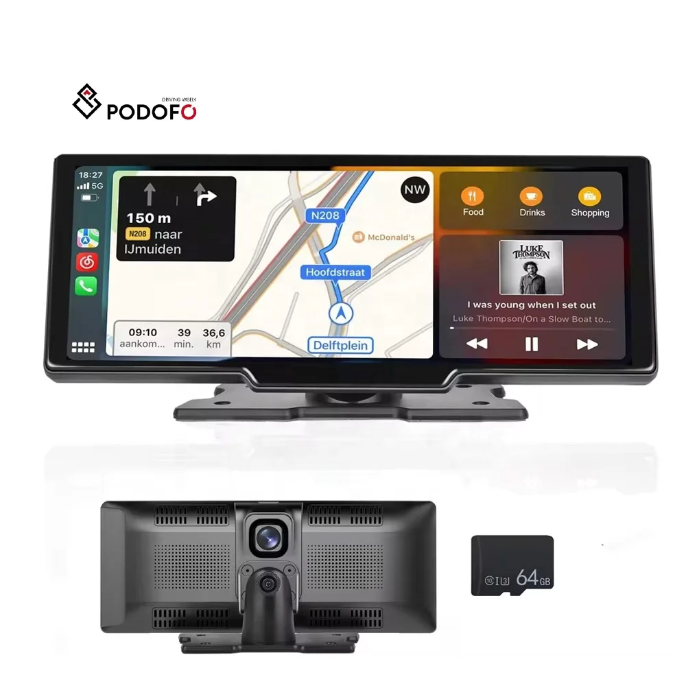 Podofo 10.26'' Portable Wireless Carplay Screen Android Auto Car Radio Stereo Car Monitor With ...