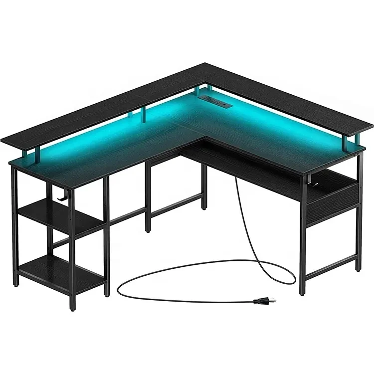 Computer Desk L Shaped with LED Strip Power Outlets Board Reversible ...