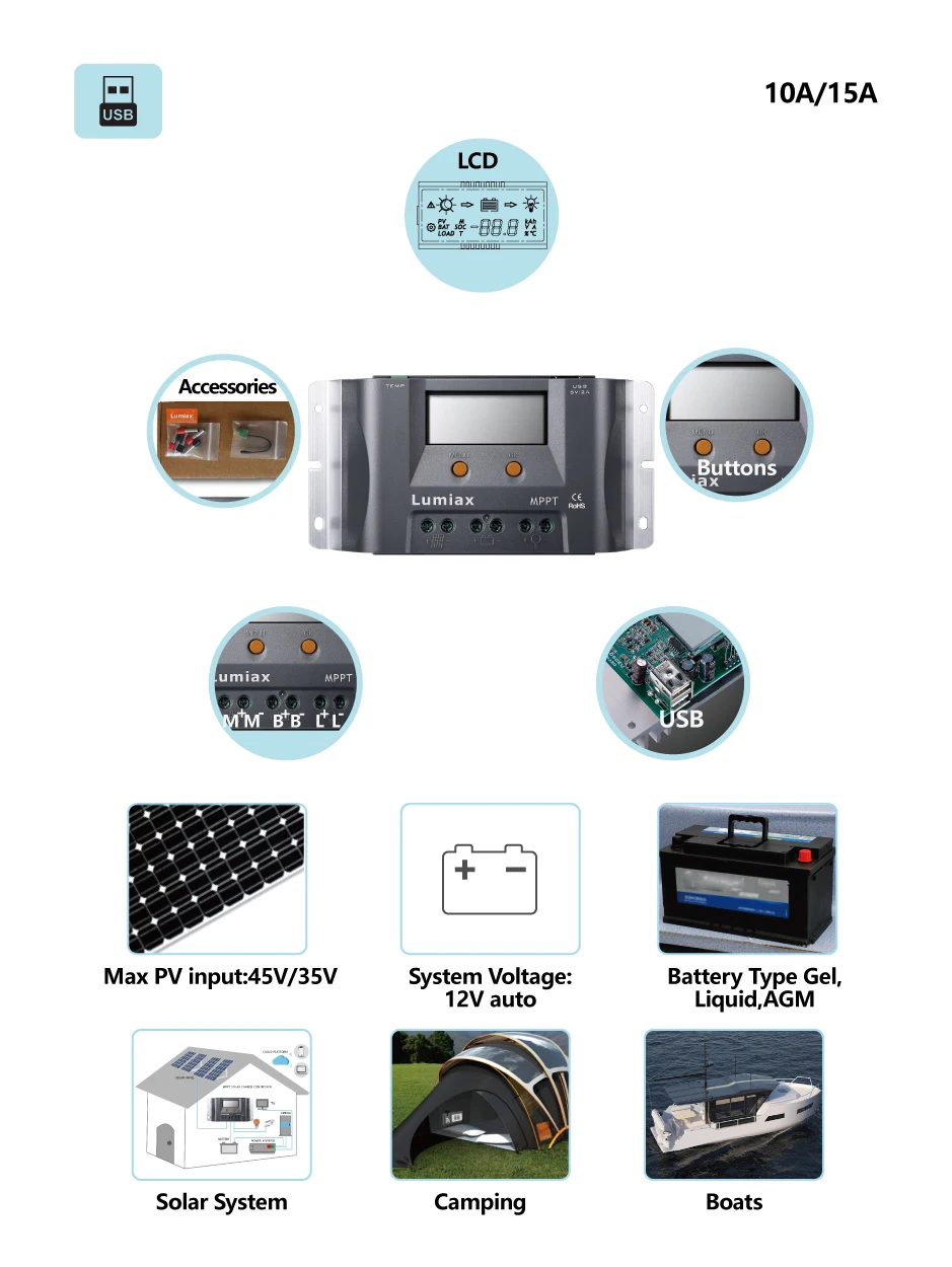 Lumiax 12v 10a MPPT Solar Charge Controller for 130w Panel