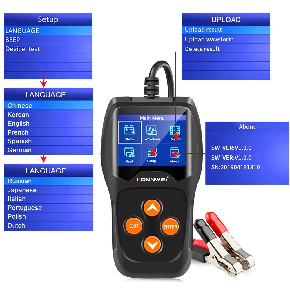 KONNWEI Multi-Language Hybrid Battery Tester for 12V Cars