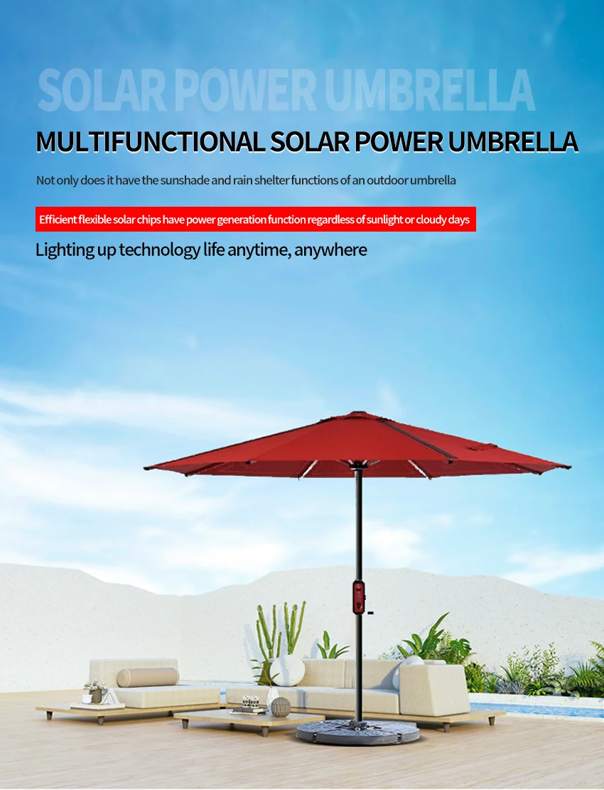 Outdoor Patio Solar Power Umbrella Red & Green Hybrid System for Beach ...