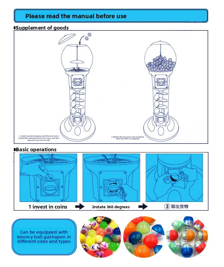 One Yuan Mechanical Coin-Operated Spiral Bouncy Ball Machine Source Manufacturer's Machine with ...