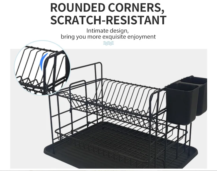 Kitchen 2 Tier Dish Drainer Rack Hanging Metal Black Storage Plate Dish Drying Rack With Tray ...