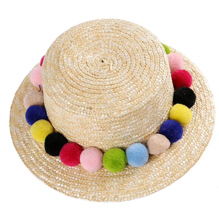 Natural Grass Kids Hat Ribbon Boater Flat Brim Top Straw Hats Hat With ...