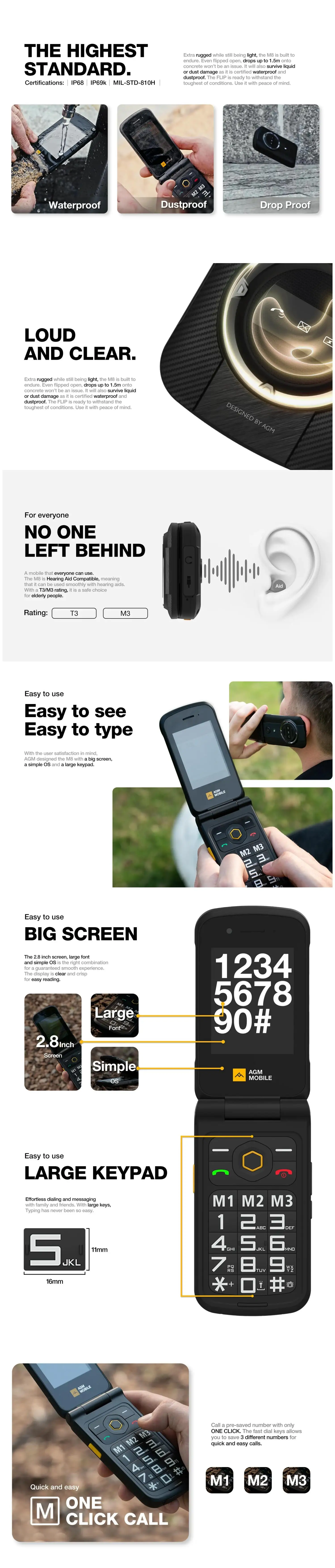 Agm M8 Flip Mobile Phone Elderly Feature Phone Sos Quick Call English ...