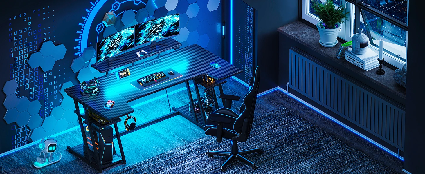 Modern Z Shaped Computer Desk with Power Socket RGB LED Light Home ...