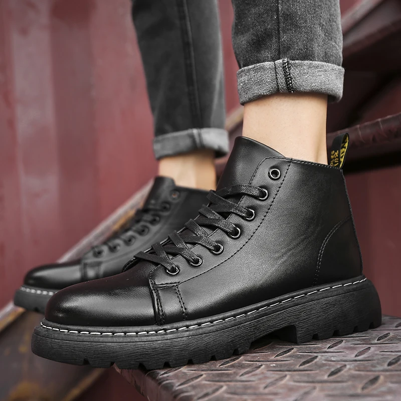 Wholesale Walking Leather Hard-wearing Waterproof Boots Black Glossy ...
