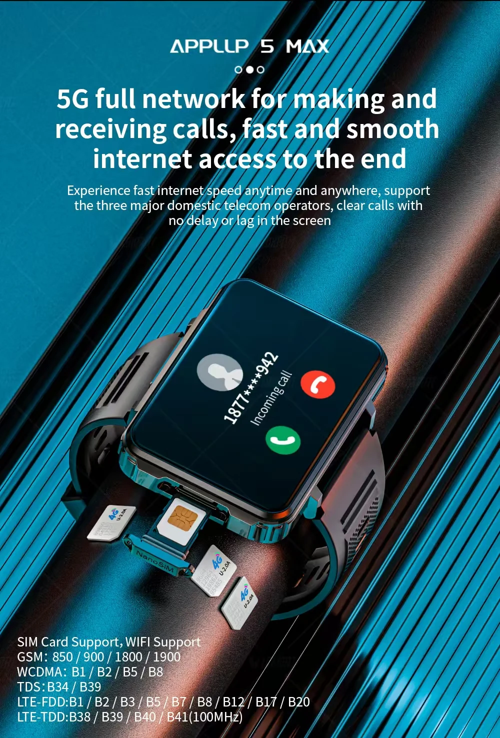 APPLLP 5 MAX 4G/5G Smartwatch with SIM Card, Dual Camera, Android 10.7 ...
