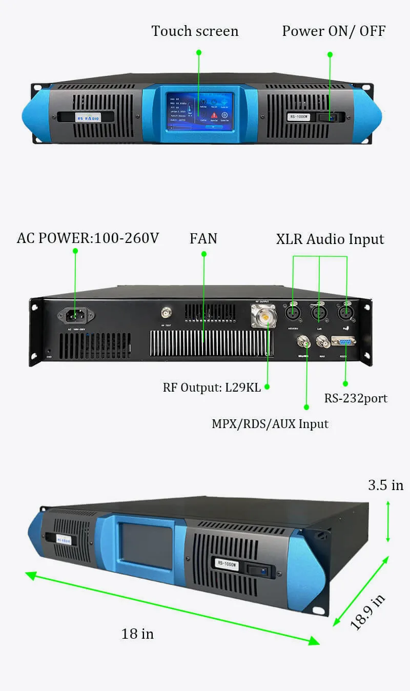 FM 1000W Radio Broadcast Transmitter - Touch Screen Complete