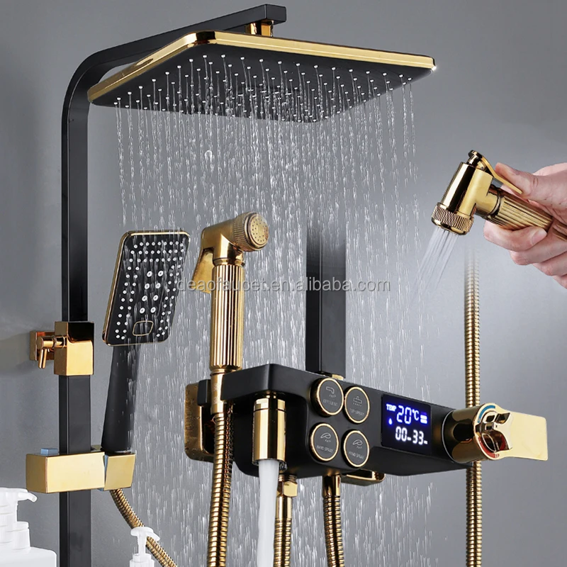 Luxury Bathroom Brass Rain Shower Set Wall Mounted Thermostatic Smart ...