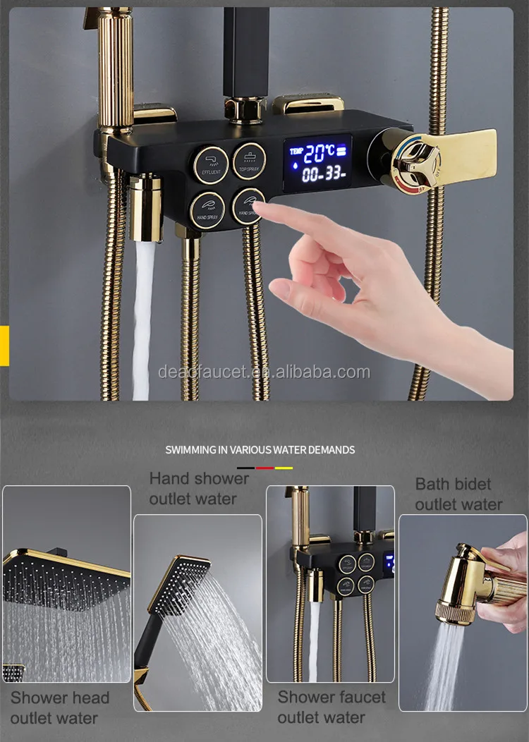 Luxury Bathroom Brass Rain Shower Set Wall Mounted Thermostatic Smart ...