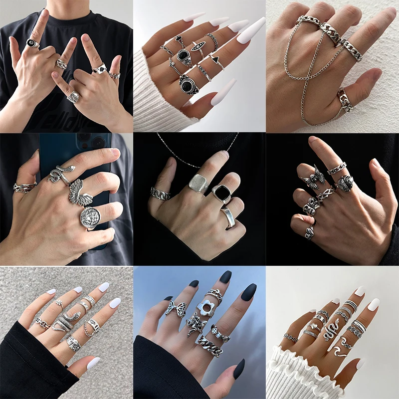 Wholesale 6pcs Trending Punk Rings Set Sliver Hip Hop Snake Butterfly ...