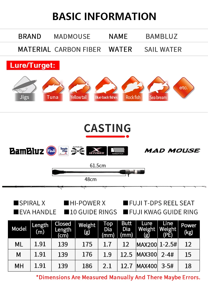 MADMOUSE Bambluz 1.9M Japan Fuji Slow Jig Rod for Fishing