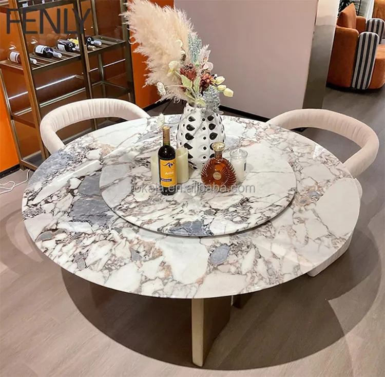 Luxury Sapphire Marble Top Round Dining Table Set High-End Villa ...