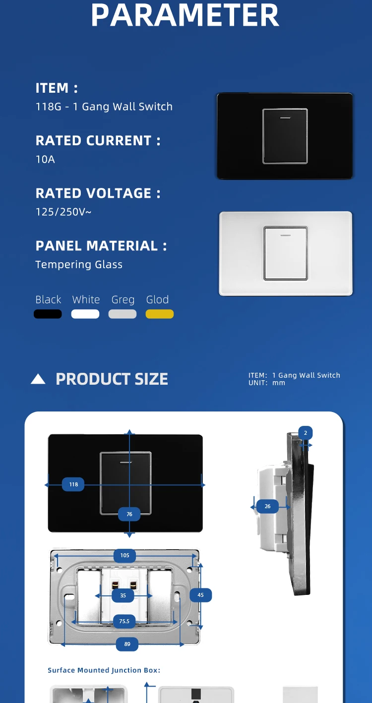 118 Series Glass Panel Wall Light Switch1 Gang 1 Way 2 Way Button On ...