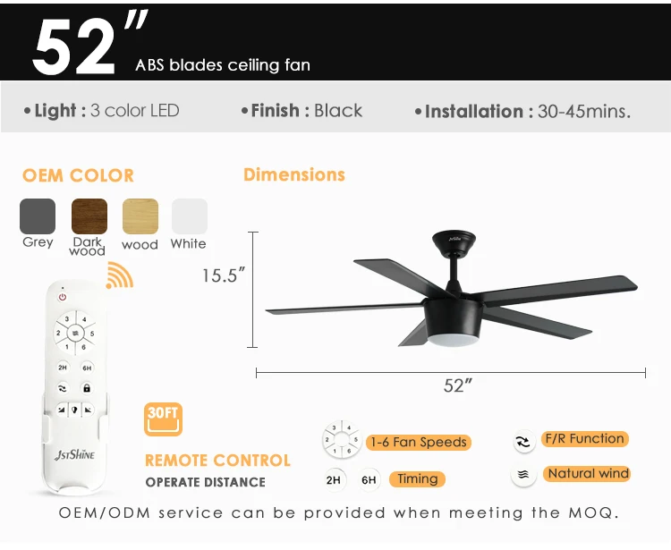 1stshine Led Ceiling Fan Decorative 6 Speed Remote Control 5 ABS Blade ...