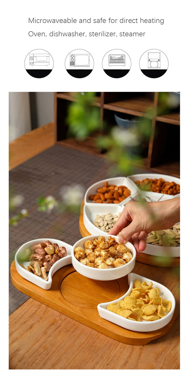 Ceramic Snack Serving Tray Multi Compartment Bamboo Serving Platter ...