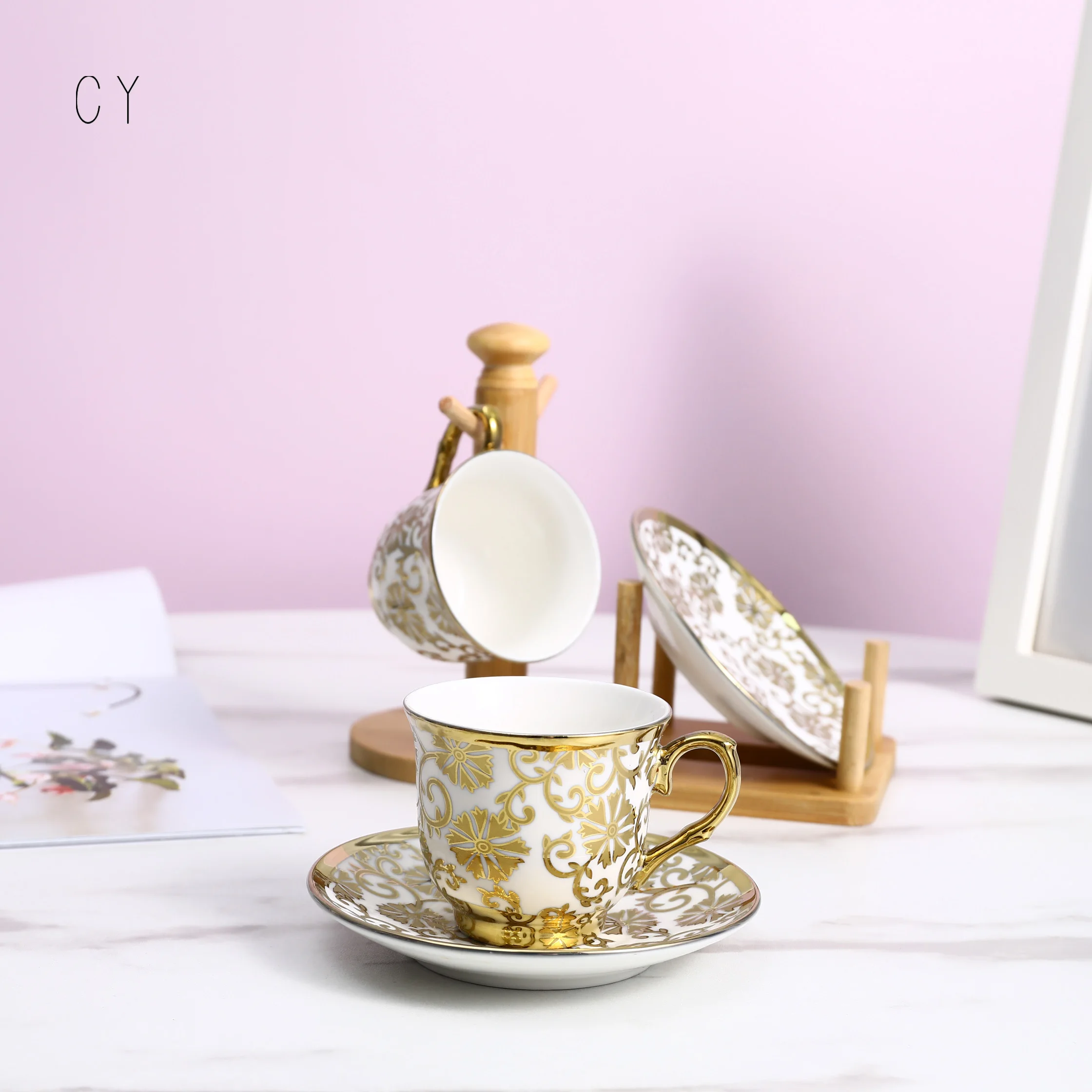 Exquisite Gold Rim Luxury Creative Tea Cup Saucer Set 4 Pcs Ceramic ...