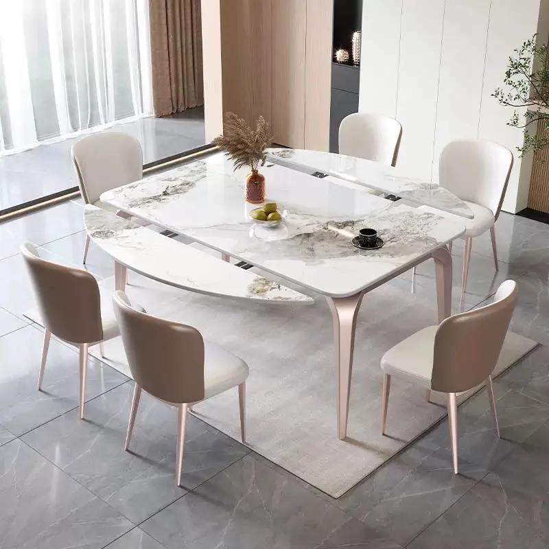 luxury modern extendable folding round marble dining table chair set 4 ...