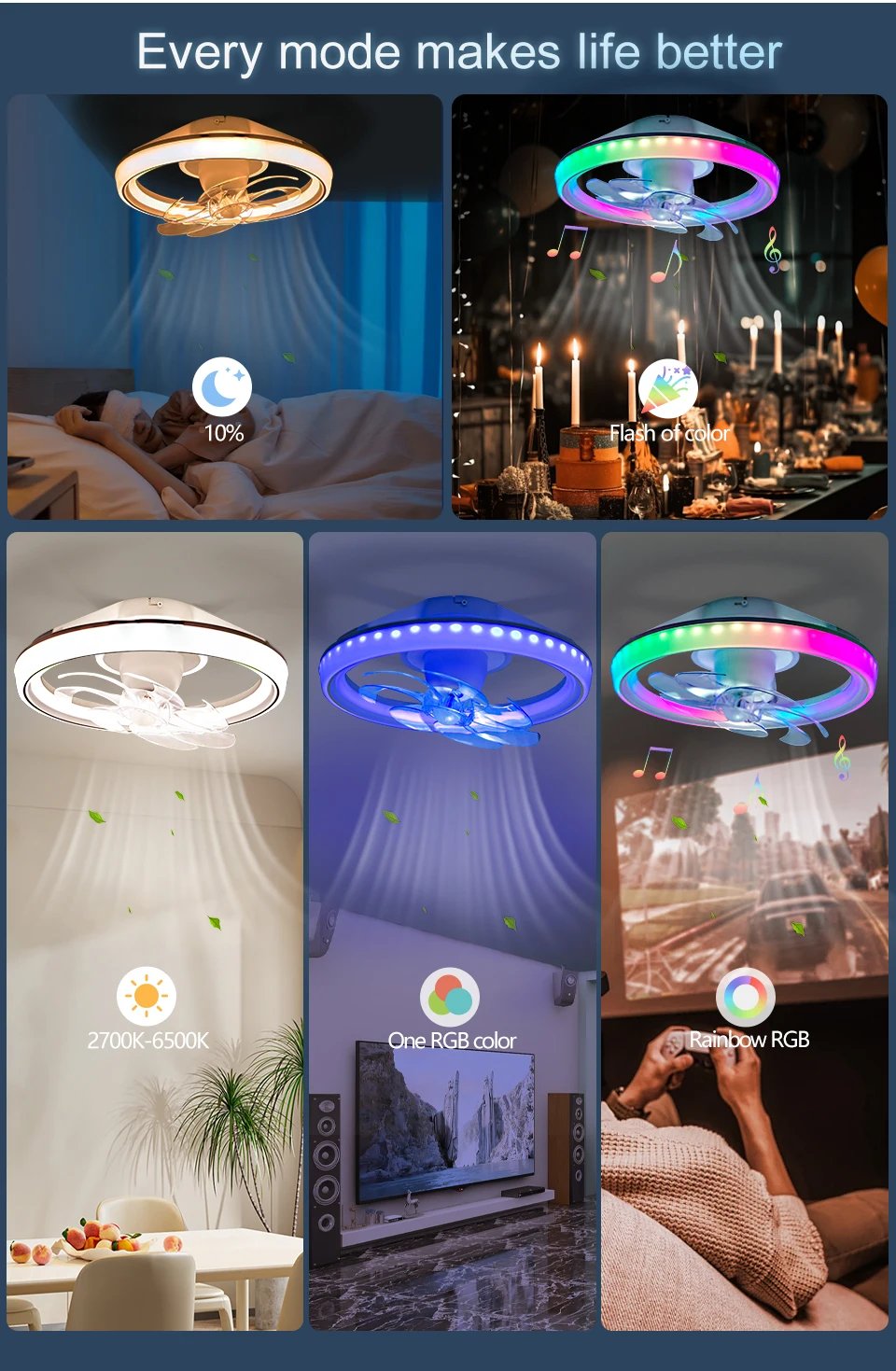 Modern TUYA Speaker Luxury Decorate RGBCW Ceiling Fan Light Smart LED ...