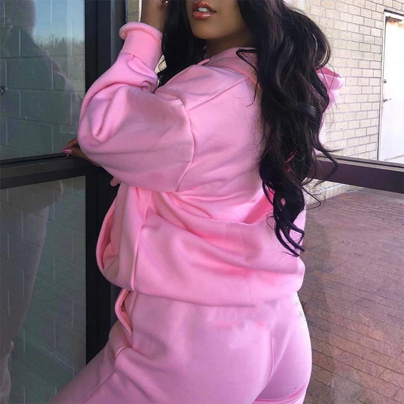 Casual Fashion Custom Solid Color Plus Size Sports 2 Pieces Set Hoodie Sweatpants Loose Two ...