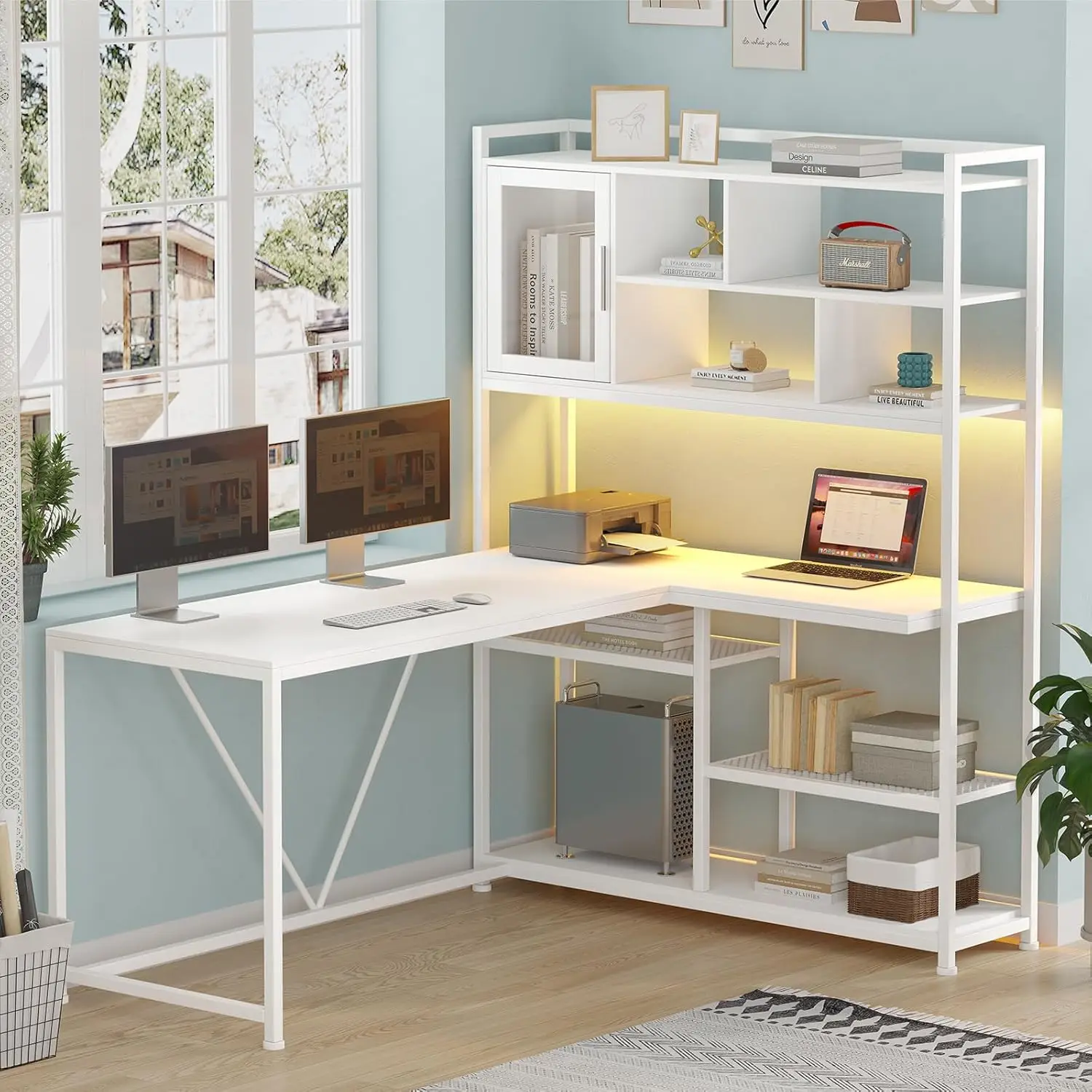 L Shaped Computer Desk, 58'' Office Desk with LED Light and Bookshelf ...