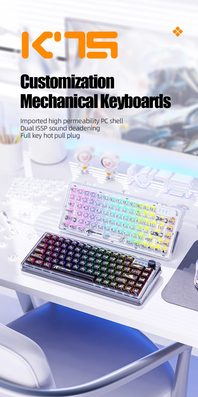 Attack Shark K75 Mechanical Keyboard - RGB, Hotplug, Esports