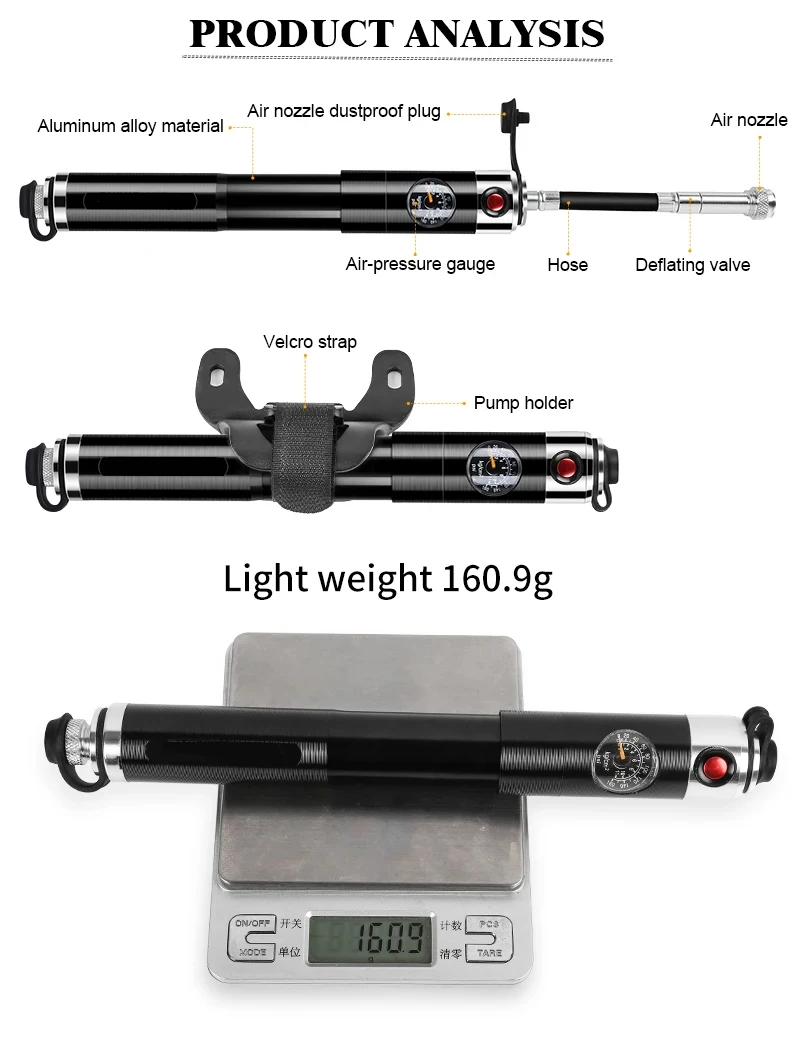 160psi Aluminium High Pressure Air Bicycle Hand Pump Gauge Cycling ...