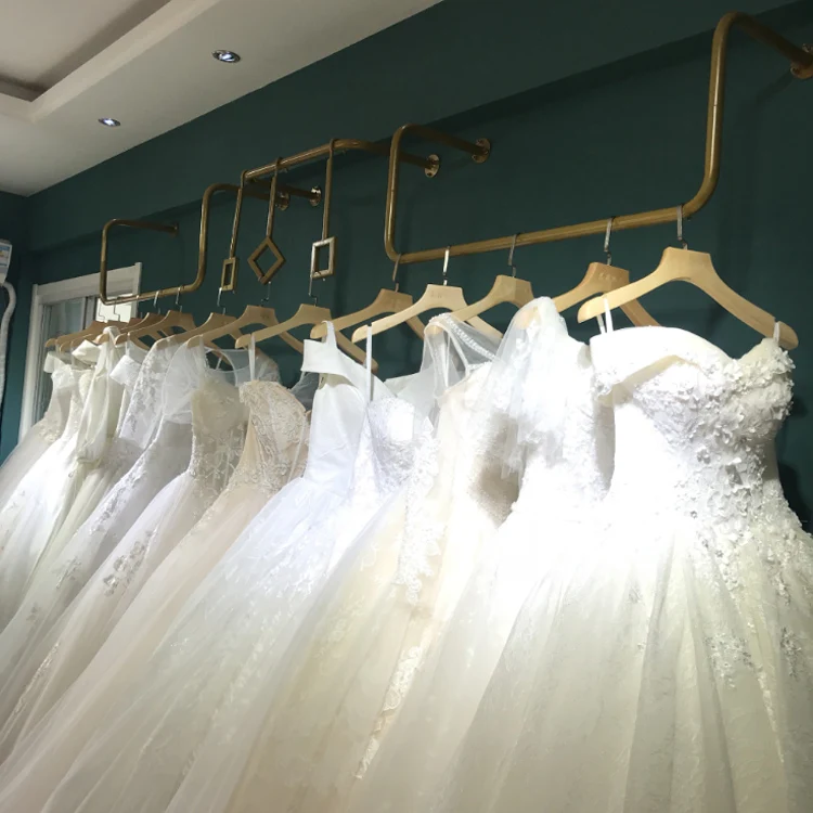 Heavy Duty Wall Mounted Wedding Dress Display Rack Gold Metal Hanging ...