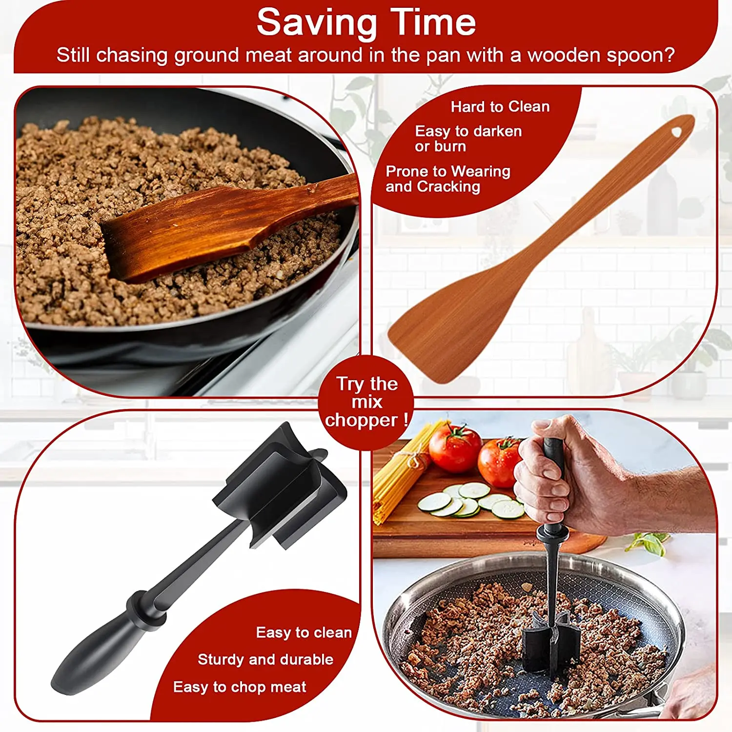 Meat Chopper 5 4curve Blades Ground Beef Masher Heat Resistant Meat ...