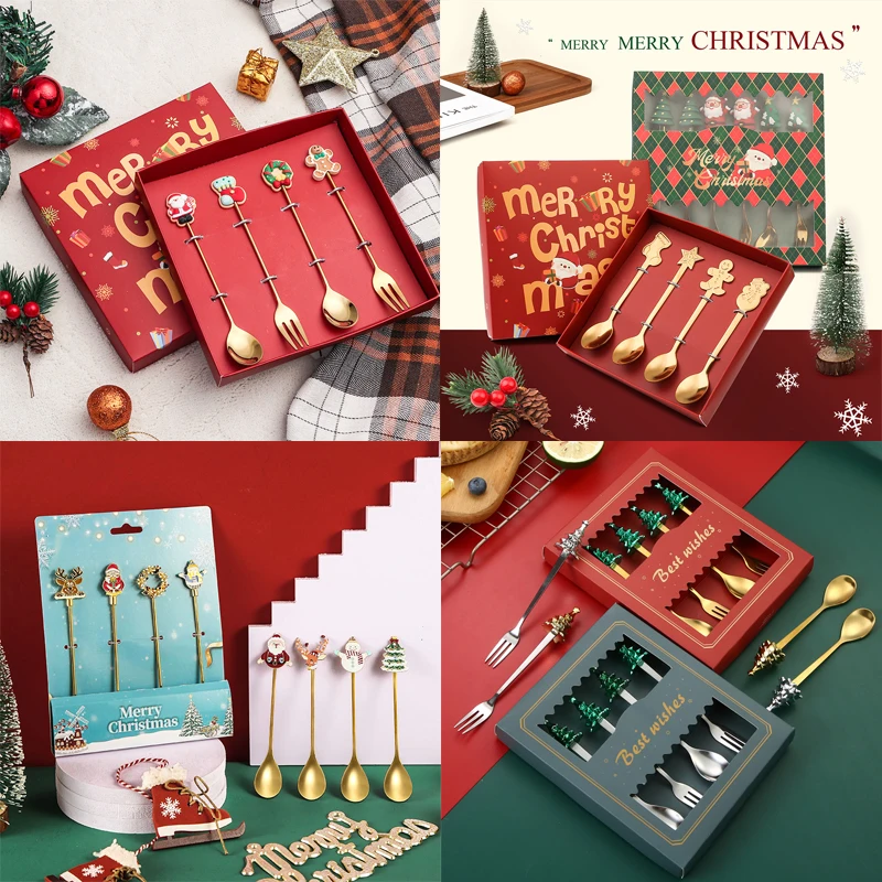 Golden Christmas Spoon Gift Set Cutlery Set Dessert Coffee Spoon 4pcs ...