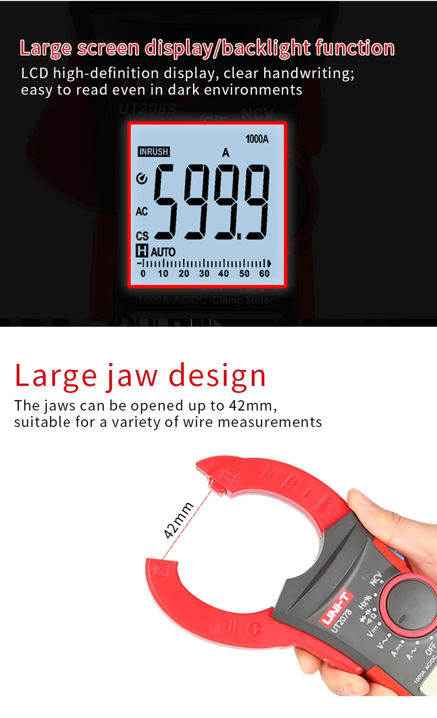Uni-t Ut207b 1000a True Rms Digital Clamp Meter Multimeter Ac Dc ...
