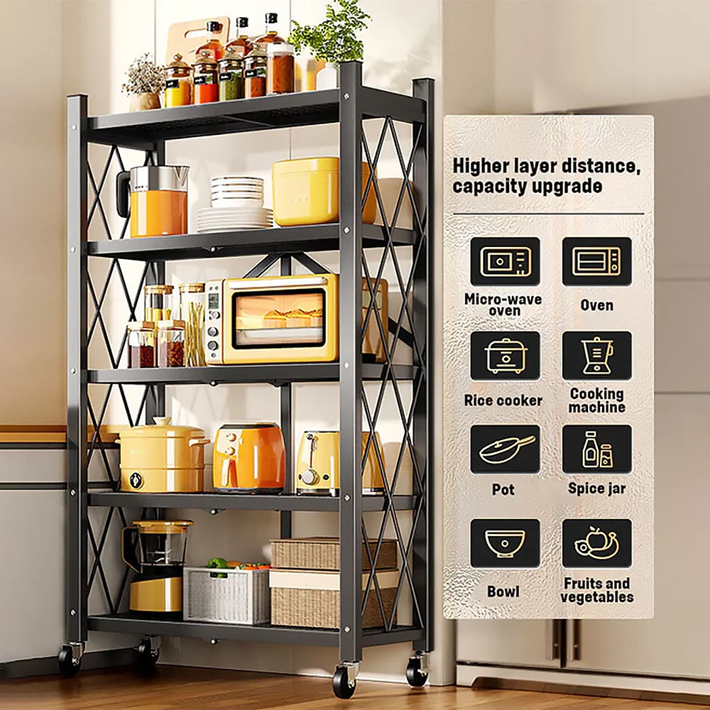 Foldable 5-Tier Metal Shelving Unit with Wheels for Kitchen