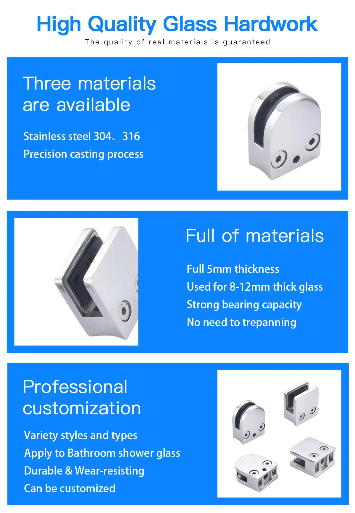 Stainless Steel D Shape Glass Clamps - Heavy Duty Fittings