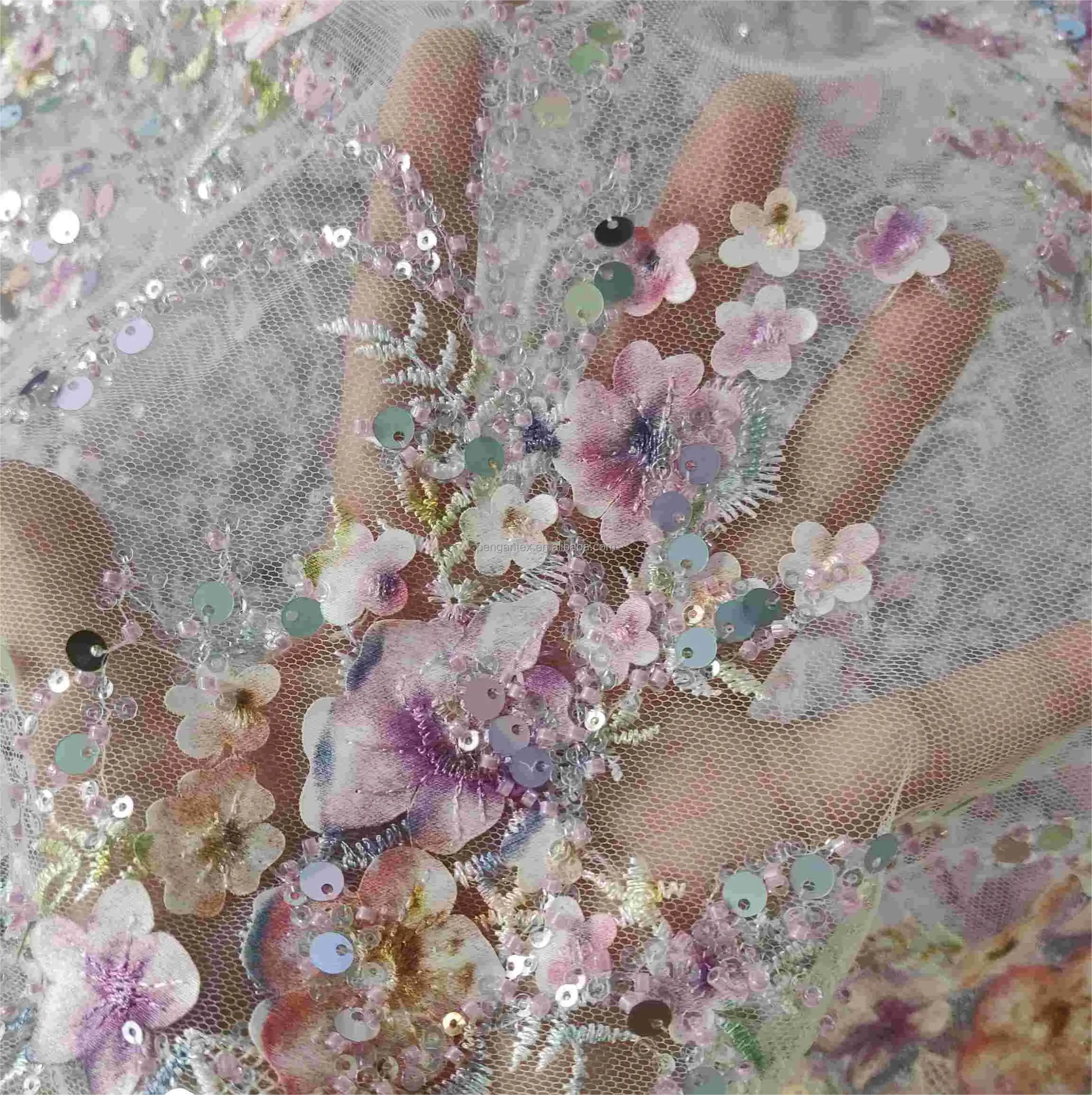 100% Polyester Customized Beaded Pearls Embroidered Fabrics Flower ...