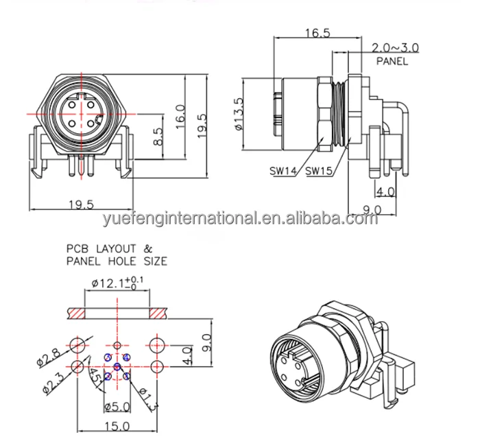 Ip67 Ip68 5 Pin A Code Waterproof Welded Pcb Panel Mount Singal Plug ...