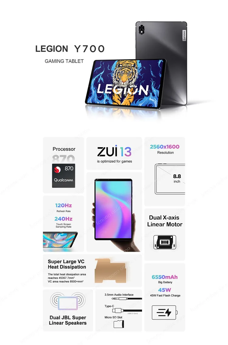 Lenovo Legion Y700 Tablet Gaming Snapdragon 870 Octa Core 6550mah Battery 45w Charger 8.8 ...