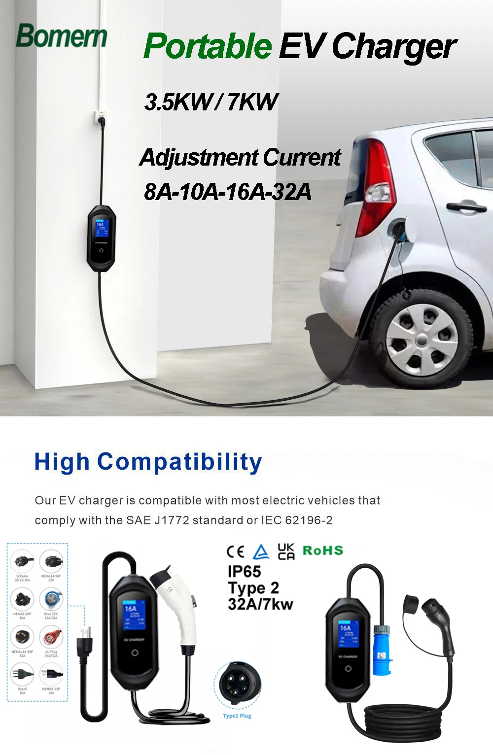 Adjustable Evse Portable Ev Charger 7kw 32amp Single Phase Sae J1772 ...
