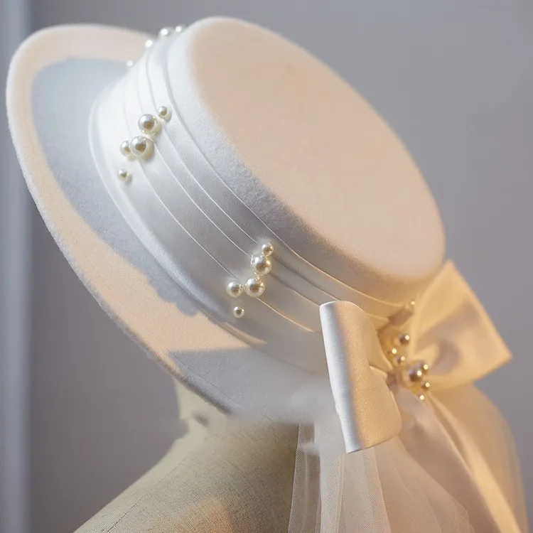 New French Top Hat Veil Vintage Wool Tweed Elegant White Bow Hat Hair ...