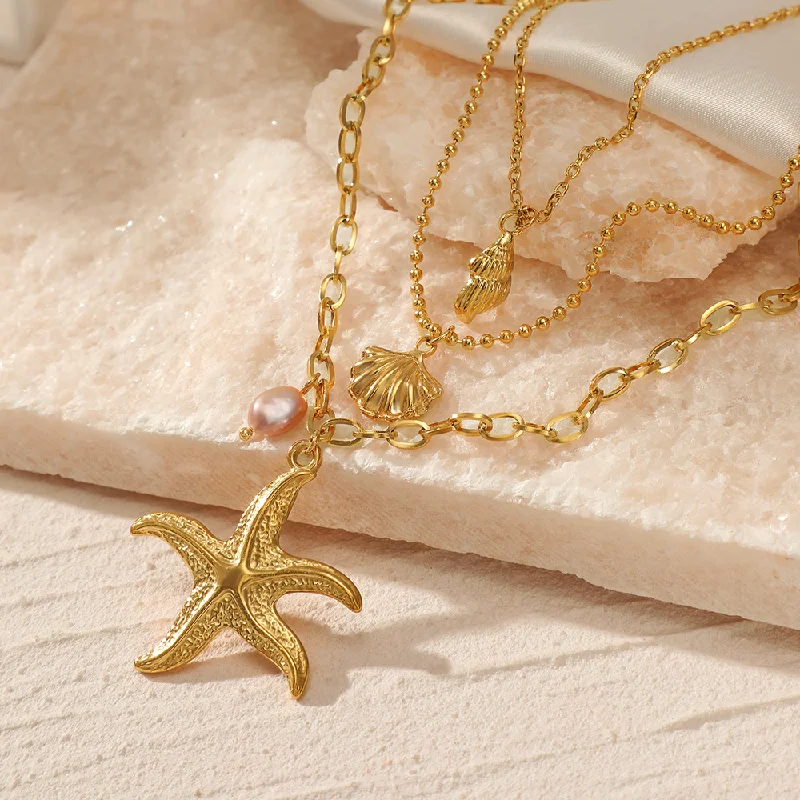 Fashion Multi Layers Pearl Starfish Choker Necklace Silver Gold Shell ...