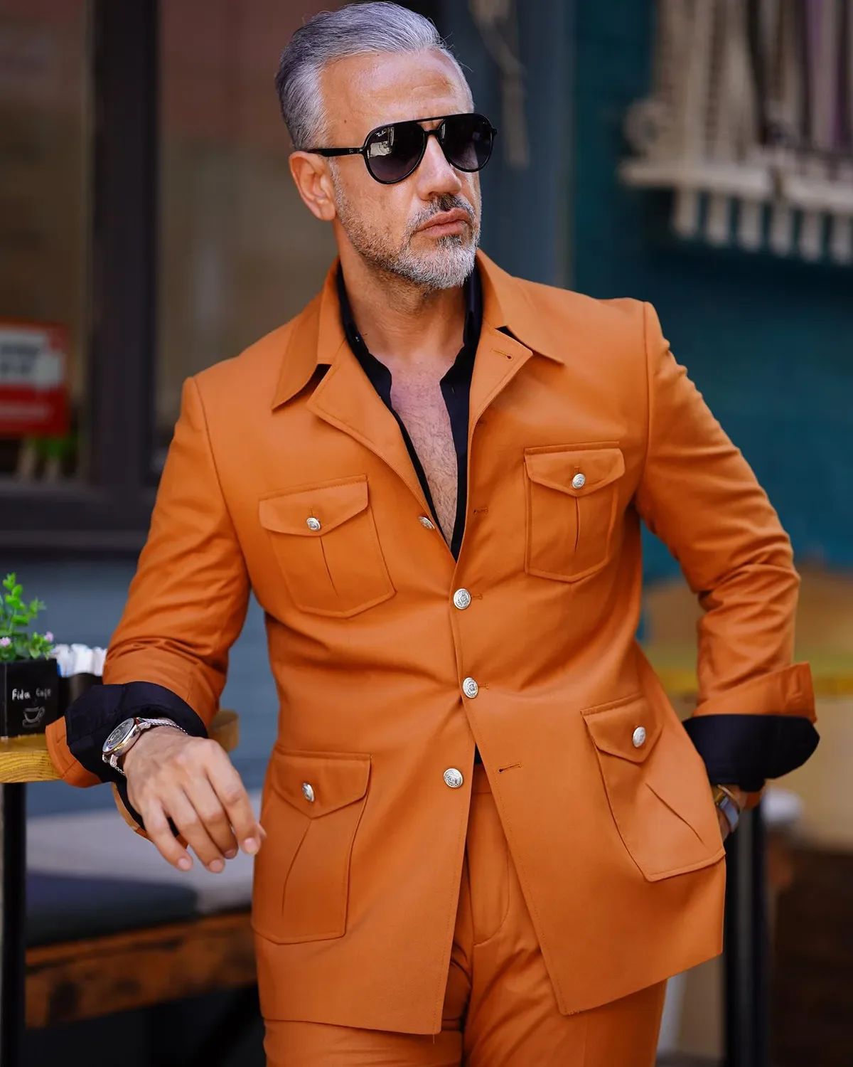 Tailored Casual Men's Suits Orange 2-Piece Set, Mandarin Collar Safari ...